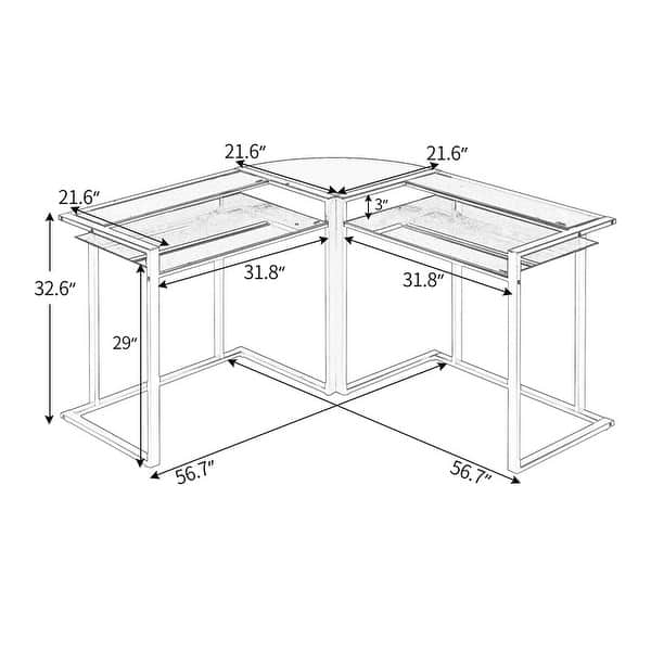 56 Inch L Shaped Glass Desk With Heightened Shelf Round Corner 5mm