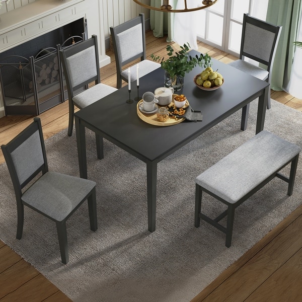 Modern Rectangular 6-Piece Wood Fixed Dining Table Set with Bench ...