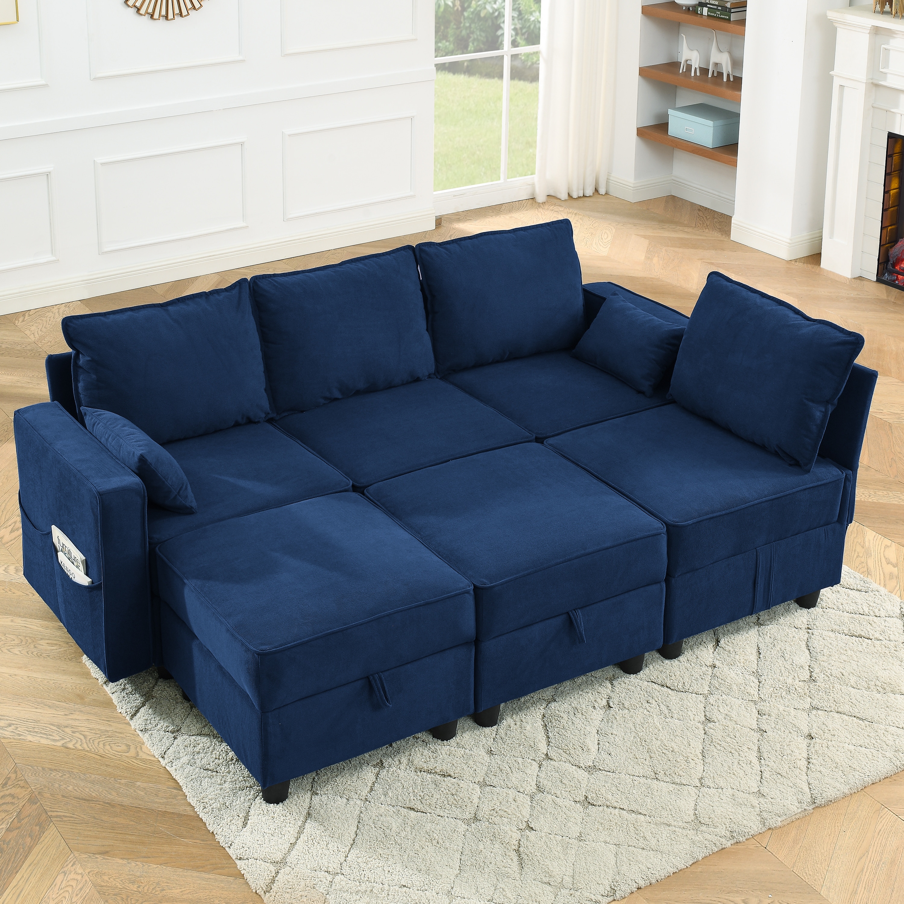 Navy Corduroy Velvet Modular Sectional Sofa Couch, 6 Storage Seats ...
