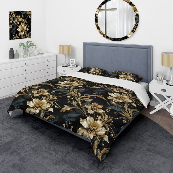 Designart "Gold Royal Flower Gardens Serenity" Gold Damask Bed Cover ...