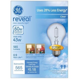 GE Lighting 62616 Energy-Efficient Reveal A19 Halogen Bulb, Clear, 43W ...