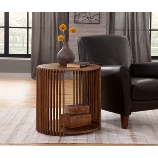 Fenwick Dark Mango Solid Wood Round Slatted End Table - Bed Bath ...