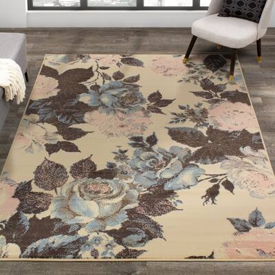 Florence Collection - Cream/Blue/Pink Floral Rug - Overstock - 31423182