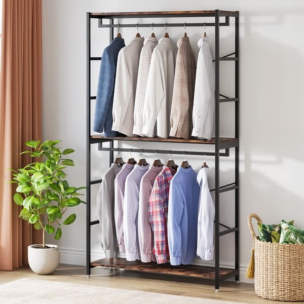 Double Rod Closet Organizer, Freestanding 3 Tiers Shelves Garment Racks ...