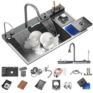 32.28inx 18.89in Single Bowl Kitchen Sink Flying rain Waterfall Black ...