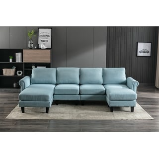 U-shape Accent Sofa Set Linen Couch Set with Reversible Ottomans Sofa ...