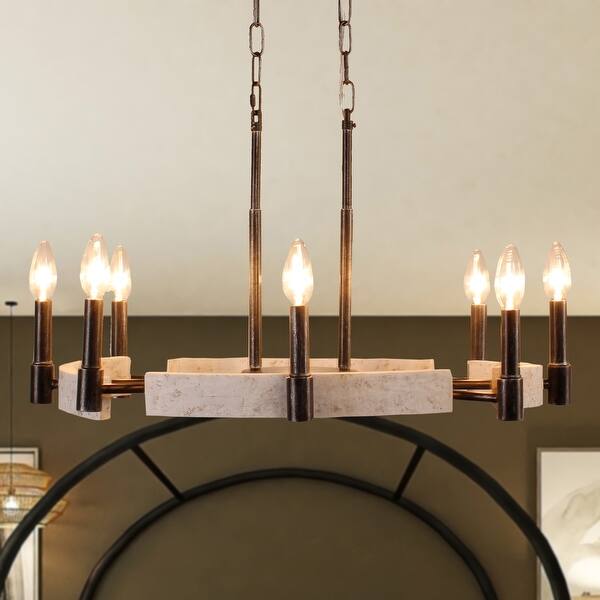 8 Light Wood Chandelier with Adjustable Steel Chains, 1 Tier Kitchen ...