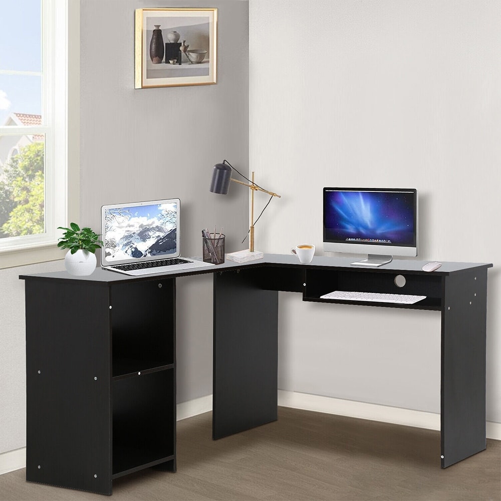 L- Shaped Corner Computer Desk With Shelves Black - Bed Bath & Beyond ...