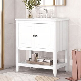 30" Modern Sleek Bathroom Vanity Elegant Ceramic Sink with Open Shelf ...