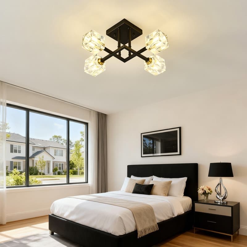 4-Light Modern Crystal Pendant Light, Black Flush Mount Low Profile ...