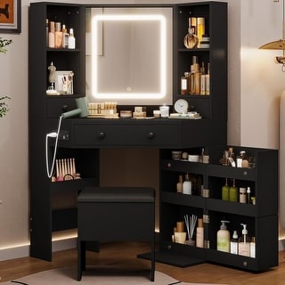 L-Shaped Vanity Desk with LED Mirror, Rotating Cabinet, USB Ports, and ...