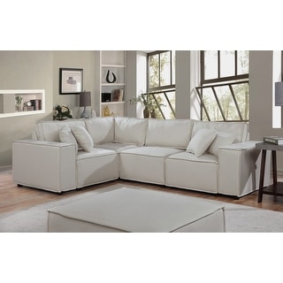 L-Shape Modular Welt Trim Linen Sectional Sofa with 5 Accent Pillows ...