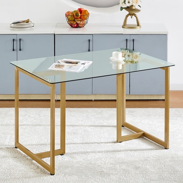 Rectangle Tempered Clear Glass Table Top With Golden Metal Legs Dining ...