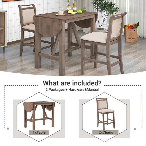 3-Piece Counter Height Drop Leaf Dining Table Set with 2 Chairs - Bed ...