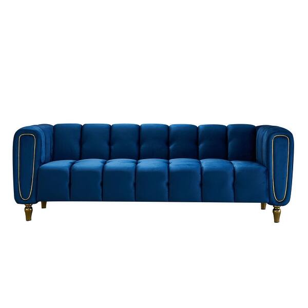 Blue Deep Channel Tufting Sofa with Golden Strip Arms and Metal Feet ...