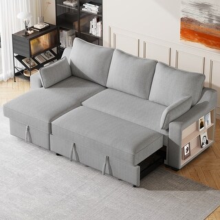 Light Grey 90" L-Shaped Convertible Pull-Out Sleeper Sectional Sofa ...