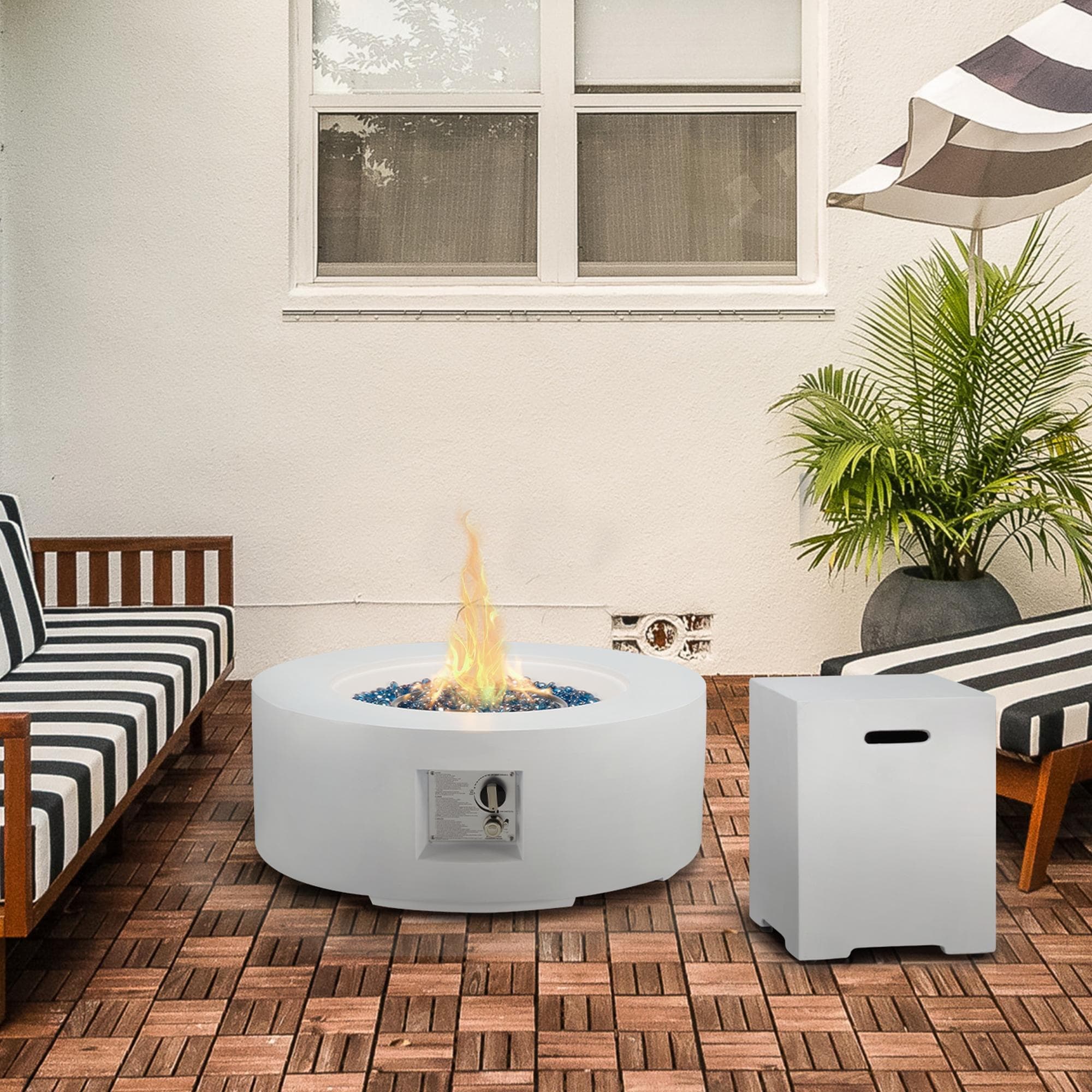 Avawing 50 000 BTU Outdoor White Round Propane Fire Pit Table with Tank Holder