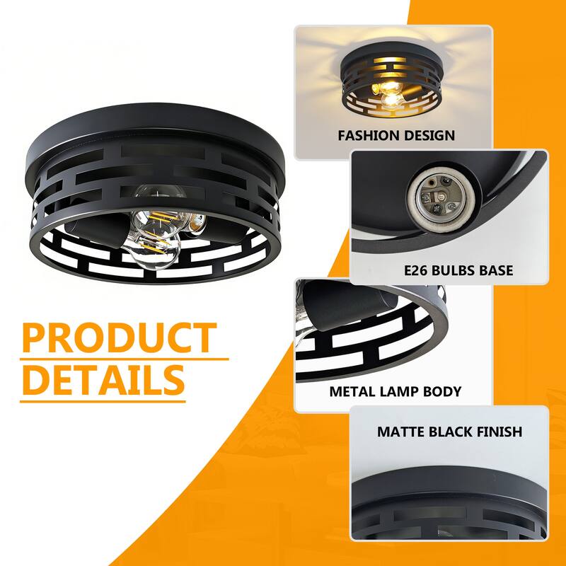 2-Light Industrial Flush Mount Ceiling Light, Black Metal Cage, E26 ...