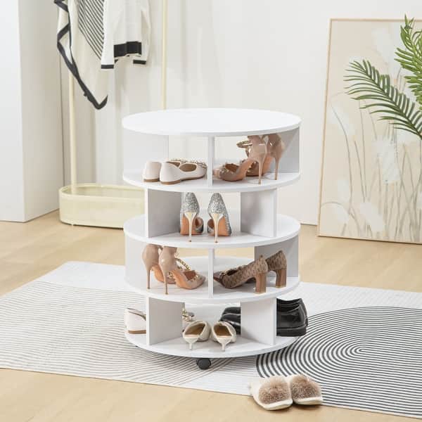 Round pushable wooden shoe cabinet on wheels for 16-20 pairs of shoes ...