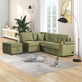 Green 87.4" L-Shape Sleeper Sectional Sofa with Pull-Out Bed - Bed Bath ...
