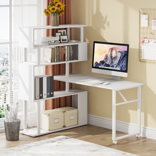 L-Shaped Rotating Computer Desk with 5 Shelves Bookshelf - On Sale ...