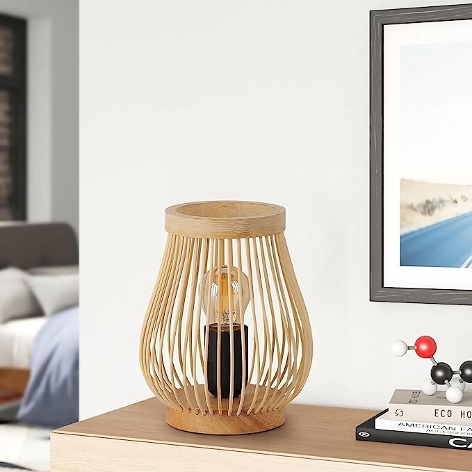 Farmhouse Natural Bamboo Rattan Table Lamp Boho Handmade Woven Round Lampshade Nightlight Industrial Desk Light for Bedroom Yellow
