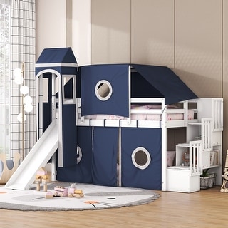 Kids Castle Loft Bed Bunk Bed with Storage Stairs & Slide, Twin, Blue ...