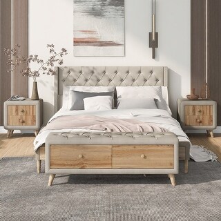 4-Pcs Queen Size Bedroom Sets w/Upholstered Platform Bed, Bench and 2 ...