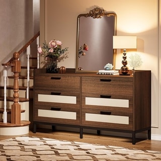 6-Drawer Chest of Drawers, 55" Rustic Long Double Dresser Organizer ...