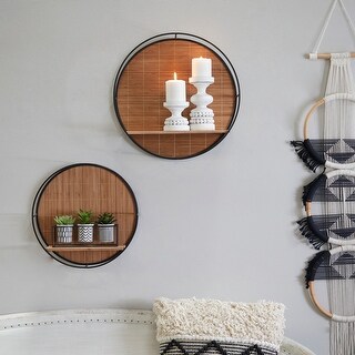 Brown Bamboo Round 2 Shelves Wall Shelf (Set of 2) - 19", 16"W - Bed ...