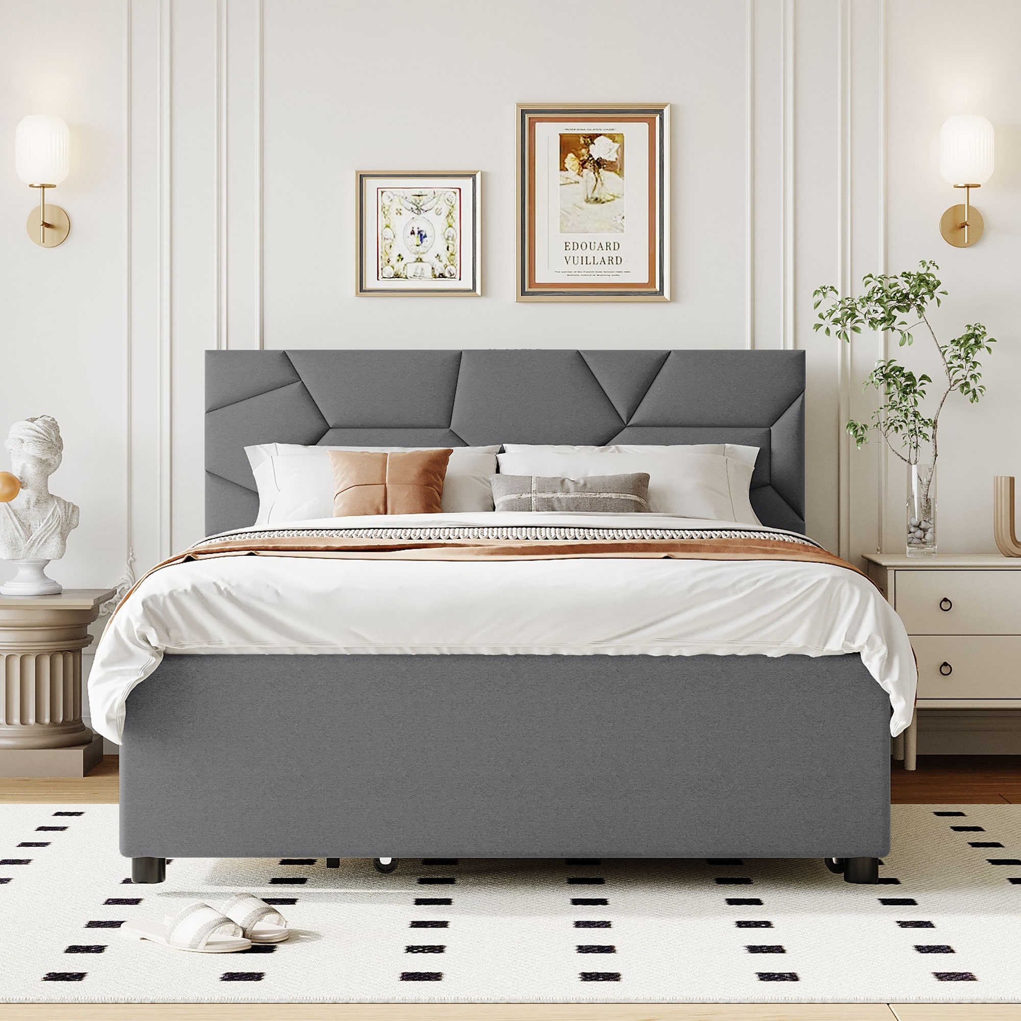 Full Size Upholstered Platform Bed with Brick Pattern Headboard Trundle and 2 Drawers Linen Fabric Grey Bed Bath Beyond 38288752