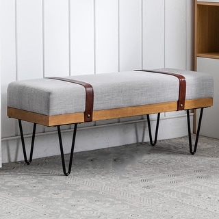 Modern Linen Rectangle Ottoman Bench with PU Strap and Metal Legs, Mid ...