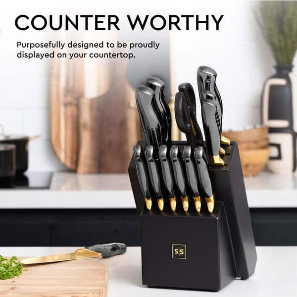 14 PC Gold Knife Set with Block and Sharpener Includes Full Tang Black and Gold Knives & Self ...