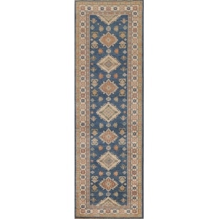 Blue Geometric Traditional Kazak Oriental Wool Runner Rug Hand-knotted ...
