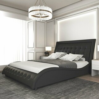 Full Size Upholstered Wave-Like Platform Bed Frame W/ Headboard, Black ...