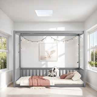 Minimalistic Style Full Size Wooden Canopy Frame Floor Bed with Fence ...