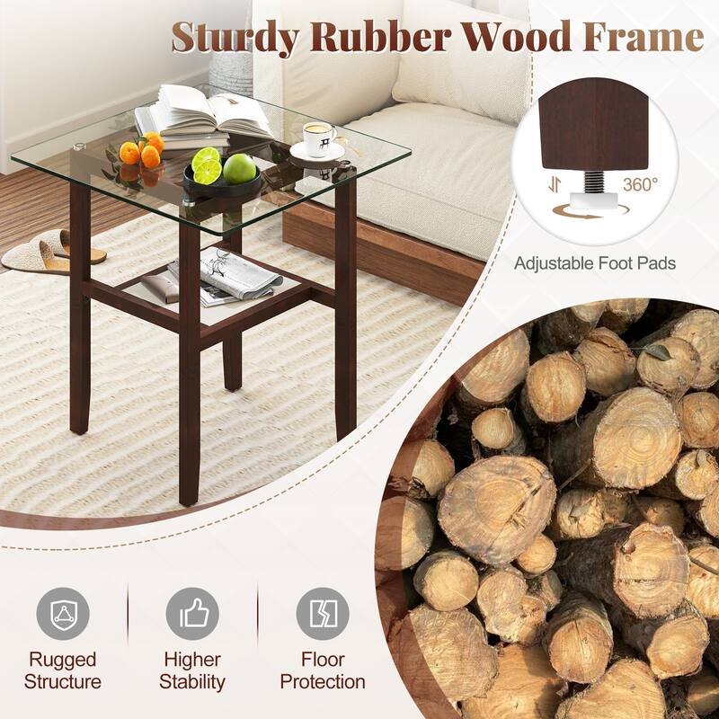 Gymax 24'' Square Glass Side Table w/Storage Shelf & Rubber Wood Frame ...