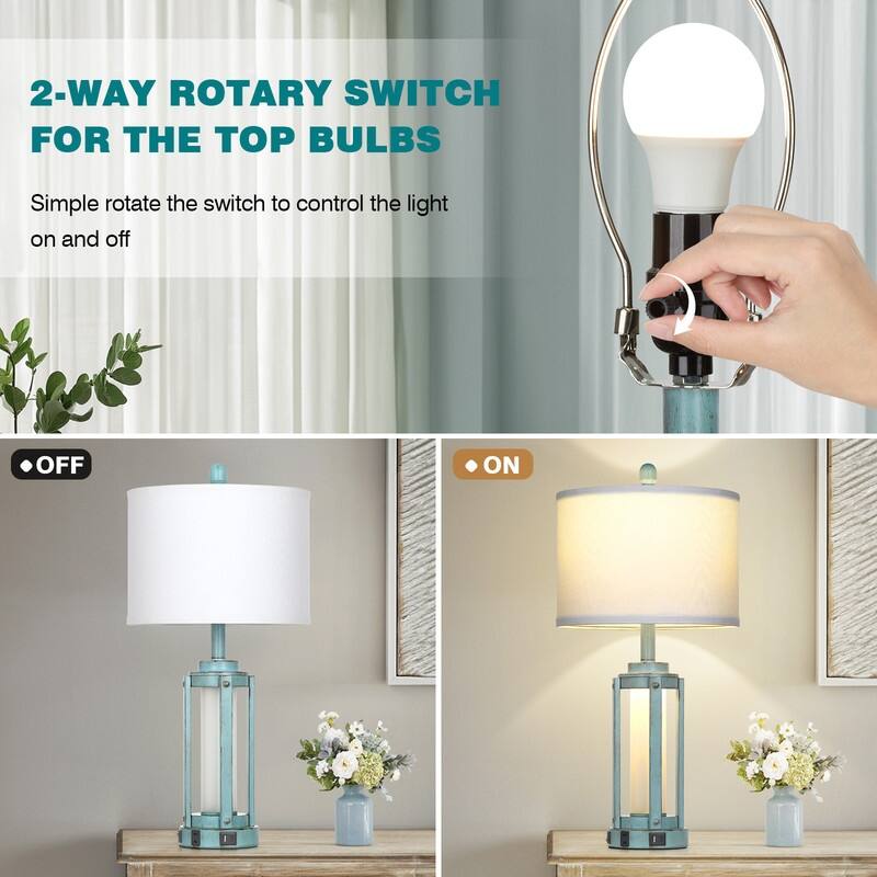 Set of 2 Farmhouse Blue Table Lamps, 26-Inch, with USB & Type-C ...