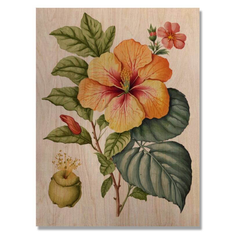 Designart 'Blossiming Yellow Retro Hibiscus II' Floral Hibiscus Wood ...