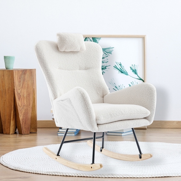 Teddy Fleece Accent Rocking Chair Glider Rocker Side Pockets Yellow 35.5 H 25.2 W 30.3 D