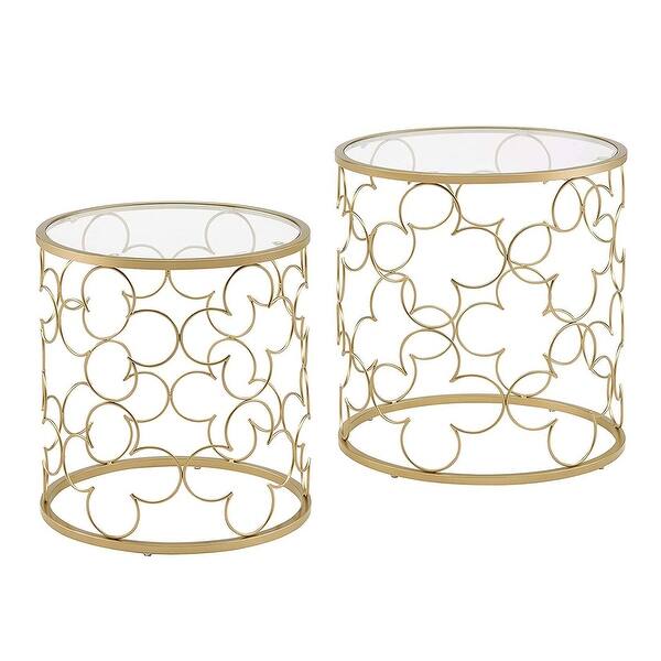 2 Piece Round Glass Nesting Table Set with Metal Base in Gold Finish ...
