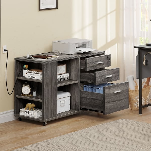 Wood File Cabinet with Charging Station Mobile Lateral Filing Cabinet ...