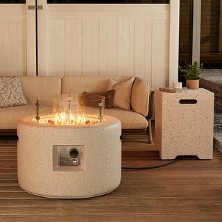 COSIEST Outdoor White Round Fire Pit Table w Wind Glass, Tank Table ...