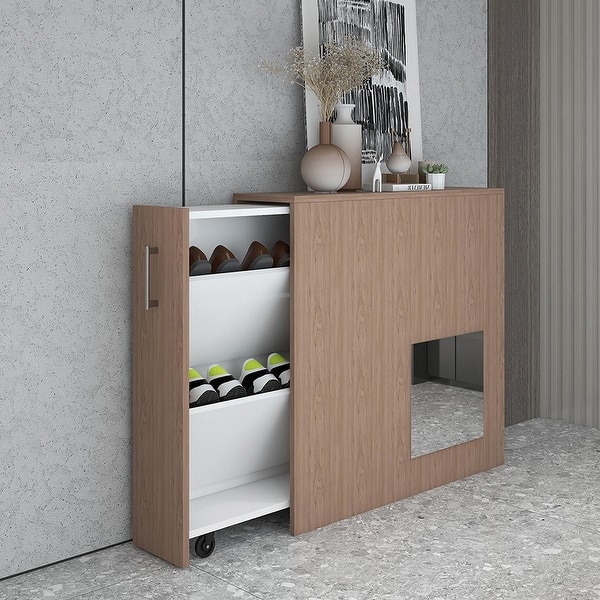 Modern Wooden Pull-out Shoe Rack with Wheels and Mirror - Bed Bath ...