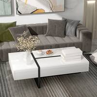 Coffee Table with Storage Drawers, Rectangle High Gloss White Cocktail Table with Bottom T ...