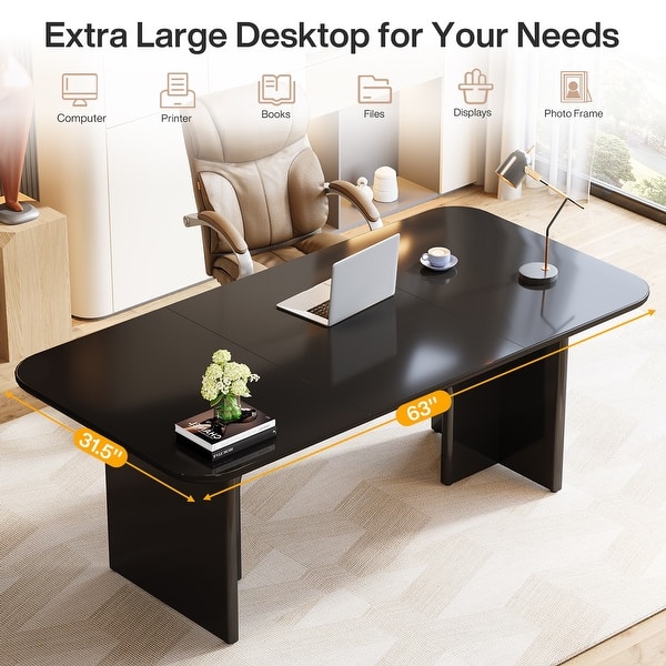 63-Inch Large Desk, Modern Executive Desk Home Office White Computer ...