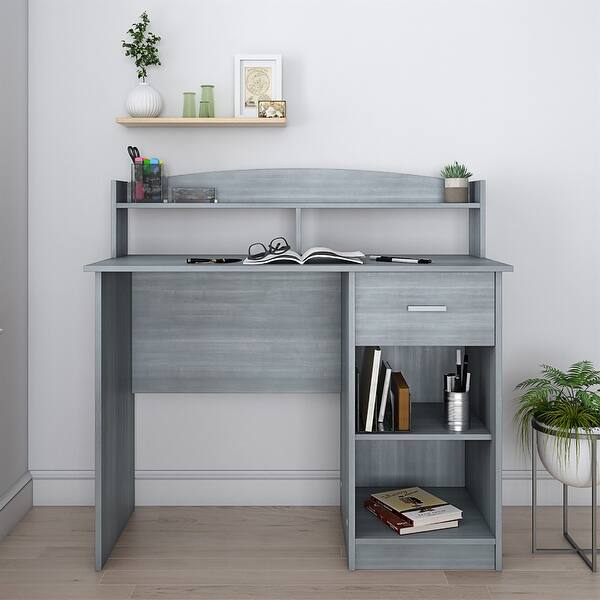 Grey Modern Office Desk with Hutch Storage Shelves Drawers - Bed Bath ...