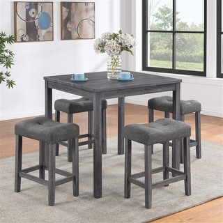 5 Piece Counter Height 36" Pub Table Set with Tufted Gray Linen Stools ...