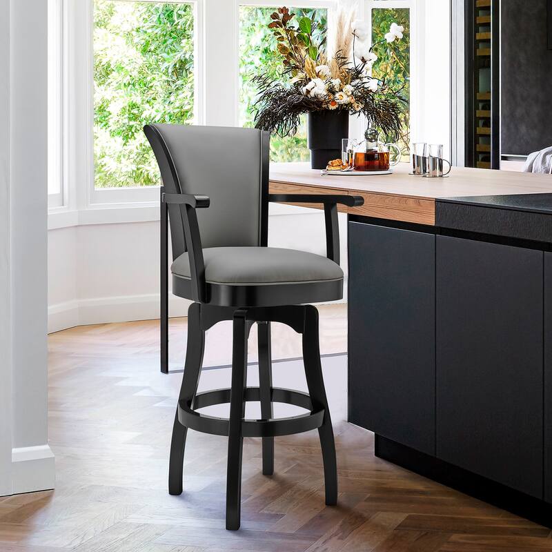 Raleigh Grey Faux Leather & Black Wood Swivel Bar/Counter Stool with ...