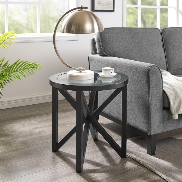 Solid Wood Base Round Transparent Glass Top Modern Living Room Terrace Study Coffee Table Black